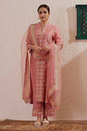 Buy OMI Pink Chanderi Flowery Block Print A-line Kurta Pant Set Online ...