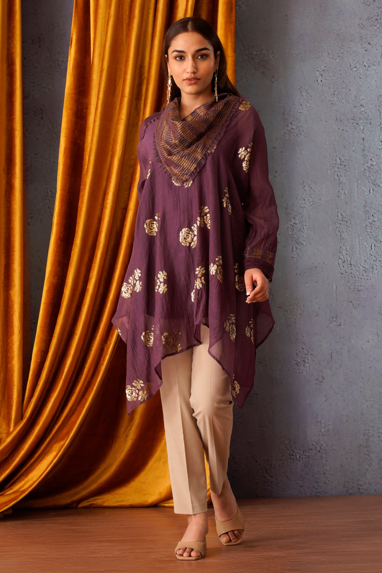 Buy OMI Wine Floral Sequin Embroidered Tunic Online | Aza Fashions