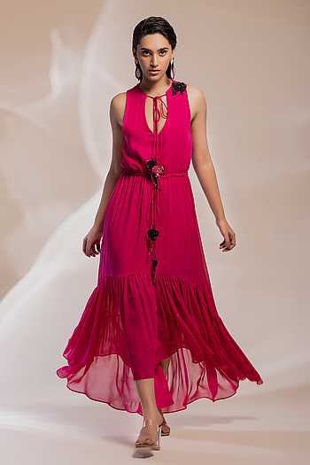 Buy Fuchsia Georgette Hand Embroidered Motifs Solid Ruffle Layered ...