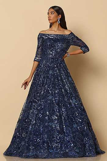 Buy Blue Net Midnight Bloom Off Sequin Embellished Gown For Women by ...