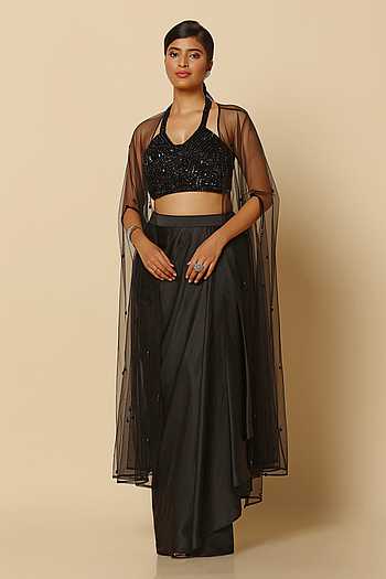 Buy Black Imported Satin Embroidered Embellished Cape Draped Skirt Set ...
