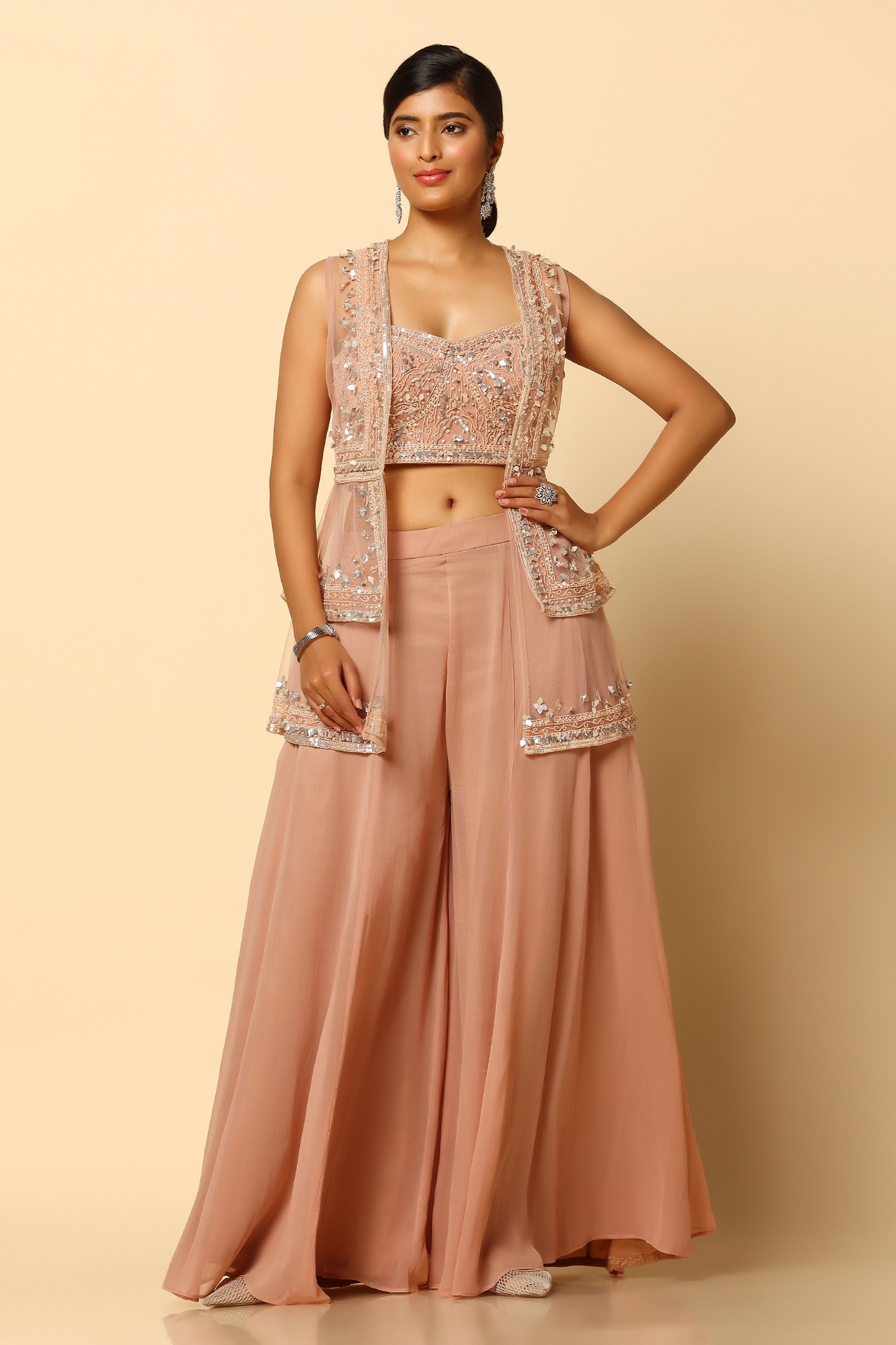 Buy MeenaGurnam Brown Viscose Organza Sequin And Bead Embroidered ...