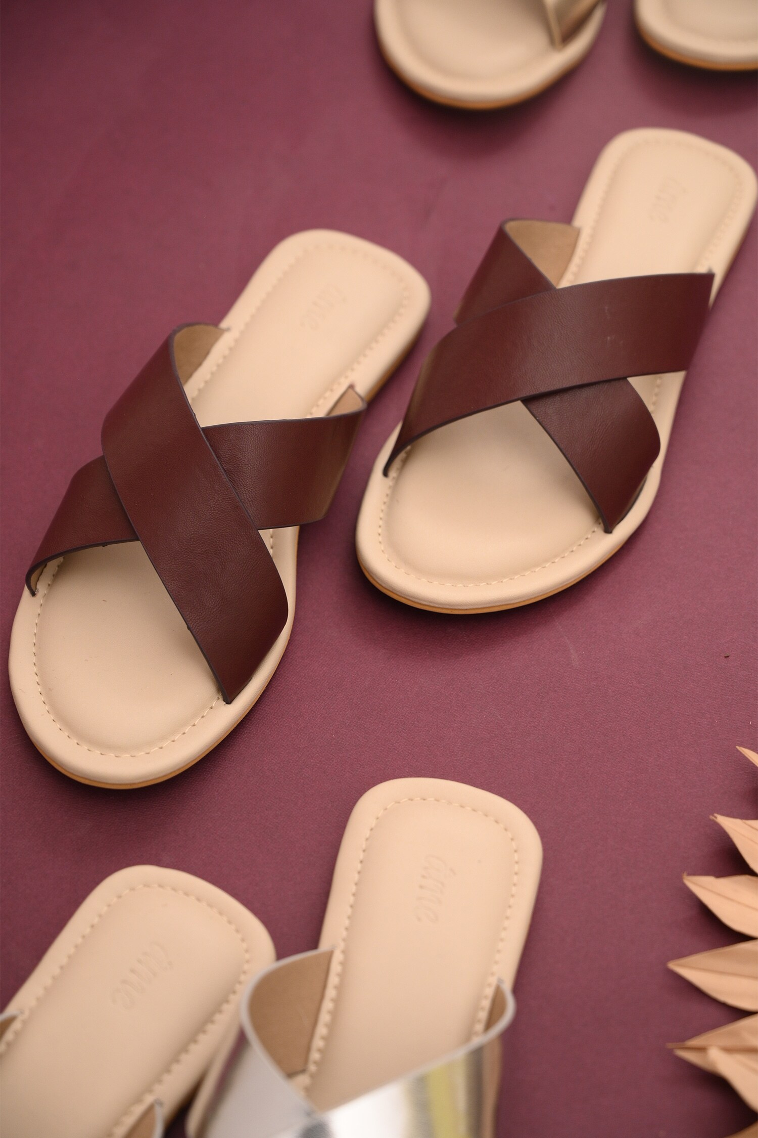 Buy Ame Brown Vegan Leather The Classic Cross Flats Online | Aza Fashions