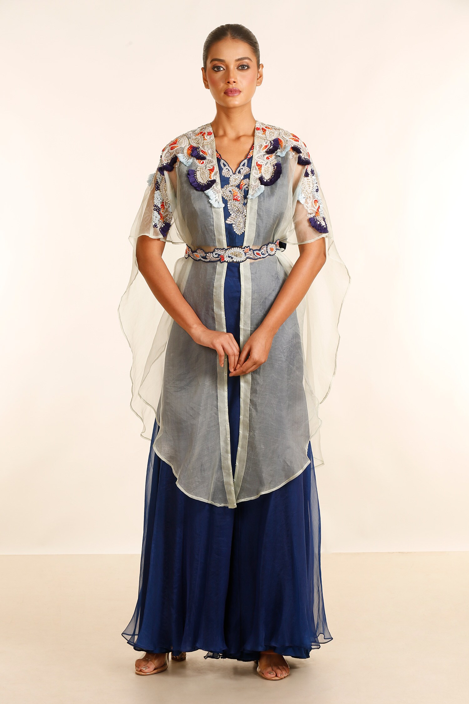 Buy Garo Blue Placement Hand Embroidered Cape Palazzo Set Online | Aza ...