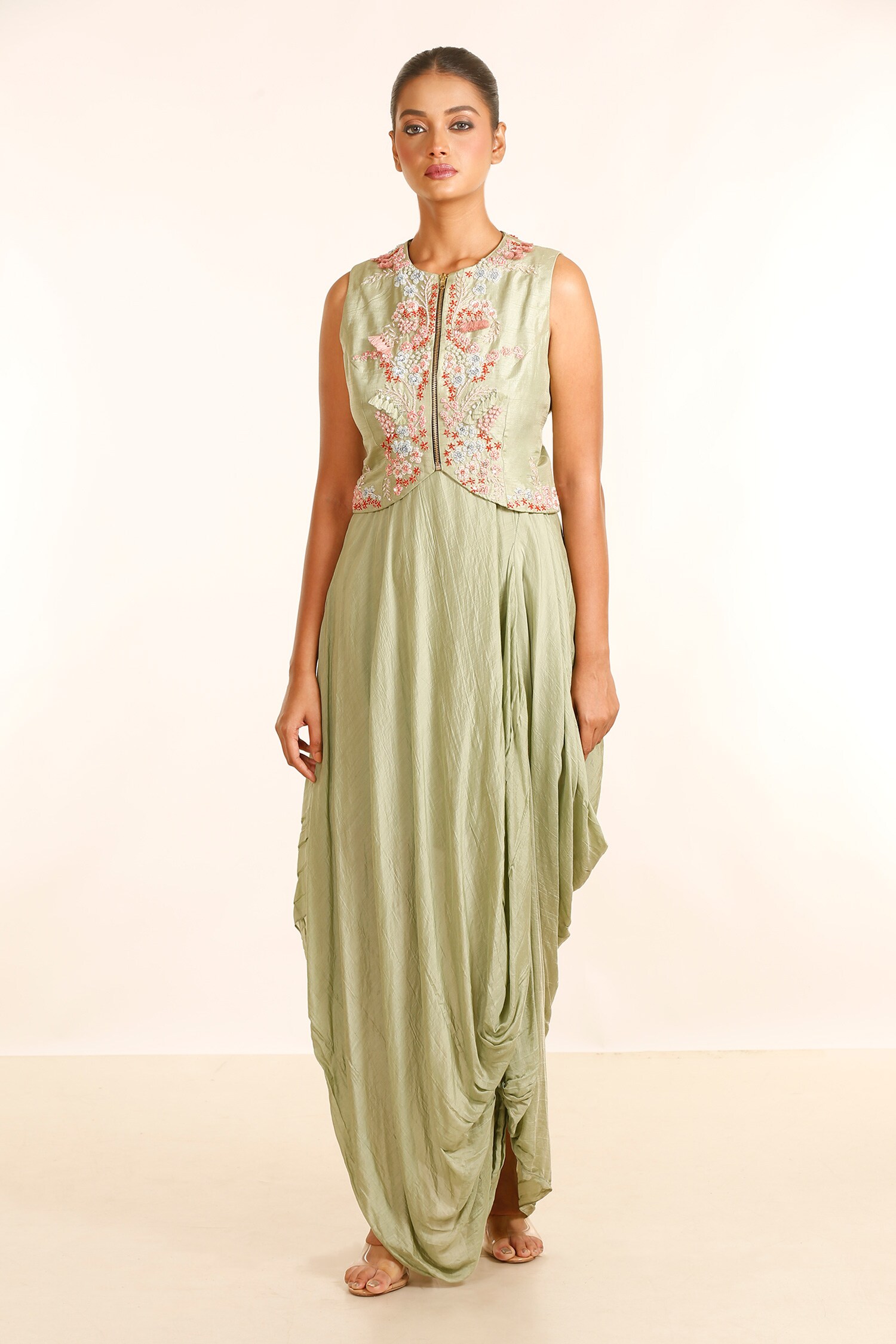 Buy Green Silk Muslin Embroidery Floral Round Draped Dress With Jacket ...