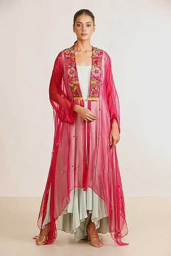 Buy Garo Blue Silk Muslin Gown With Hand Embroidered Asymmetric Jacket ...