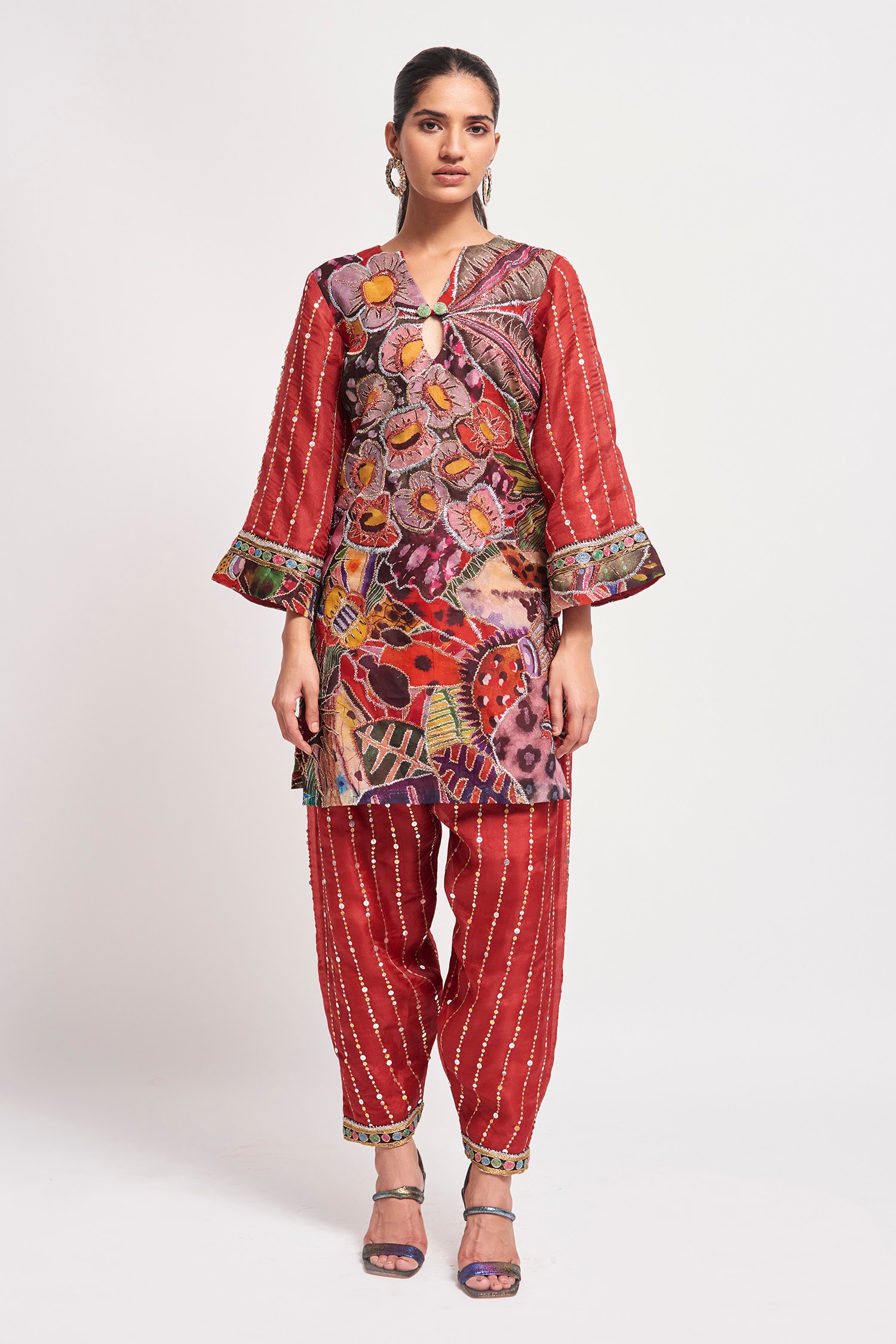 Buy Aisha Rao Multi Color Organza Shyla Floral Print Short Kurta And ...