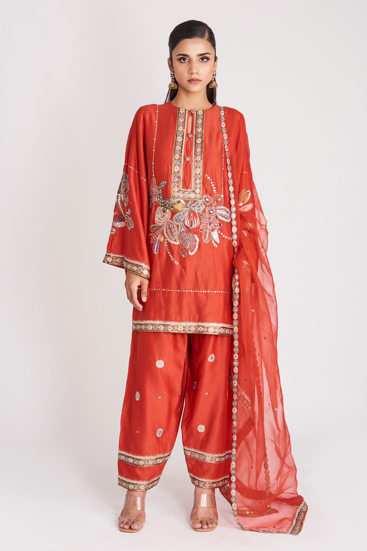 Buy Aisha Rao Red Chanderi Embellished Patiala Kurta Pant Set Online ...
