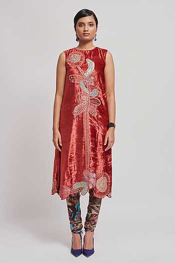 Buy Red Kurta: Velvet Printed Imara Embellished Straight And Churidar ...