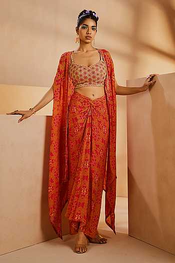 Buy Pink Crepe Printed Tie Dye Pattern Bustier Twisted Skirt Cape Set ...