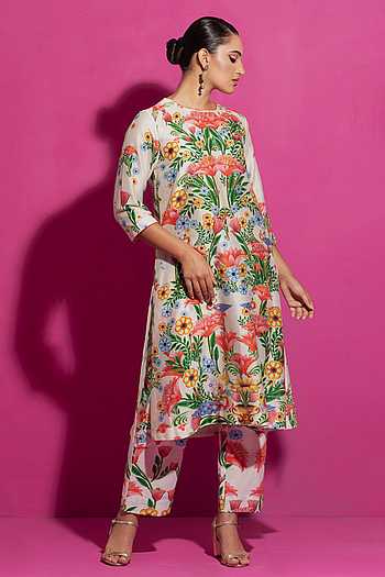Buy Multi Color Chanderi Printed Floral Round Champa Bagh Kurta For ...