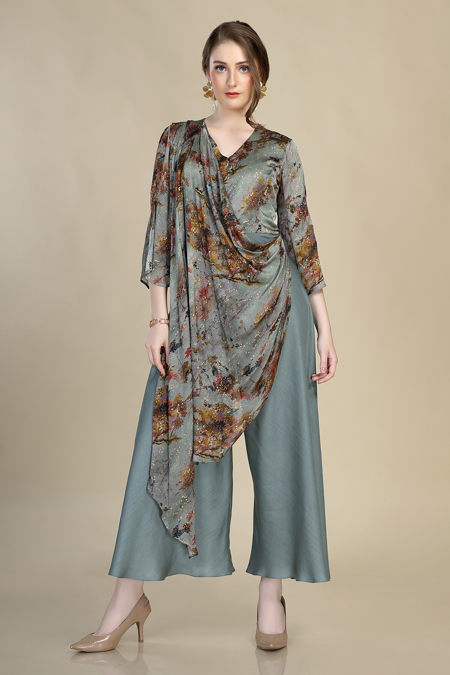 Buy Whimscial by shica Blue Organza Satin Splash Tree Print Draped ...