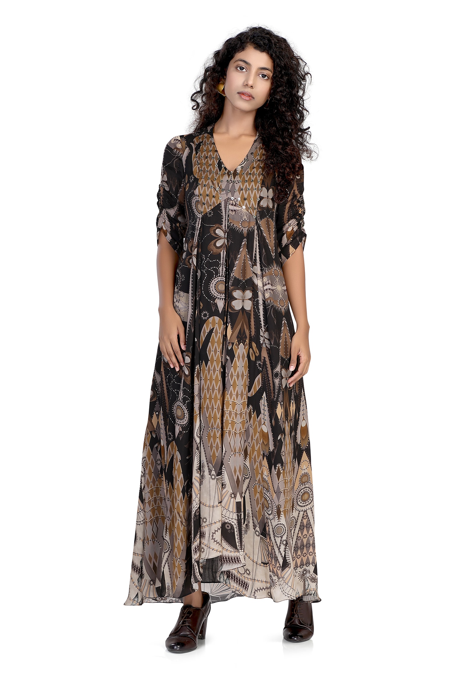 Buy Black Organza Satin Printed Geometric Floral Sequin Embellished ...