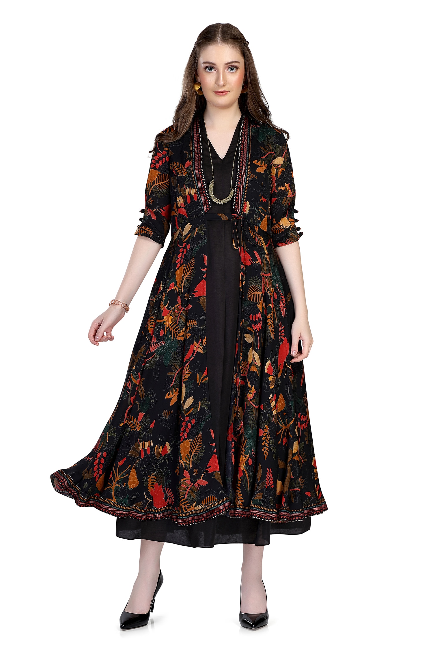 Buy Black Organza Satin Printed Floral V Neck Jacket Dress With Inner ...