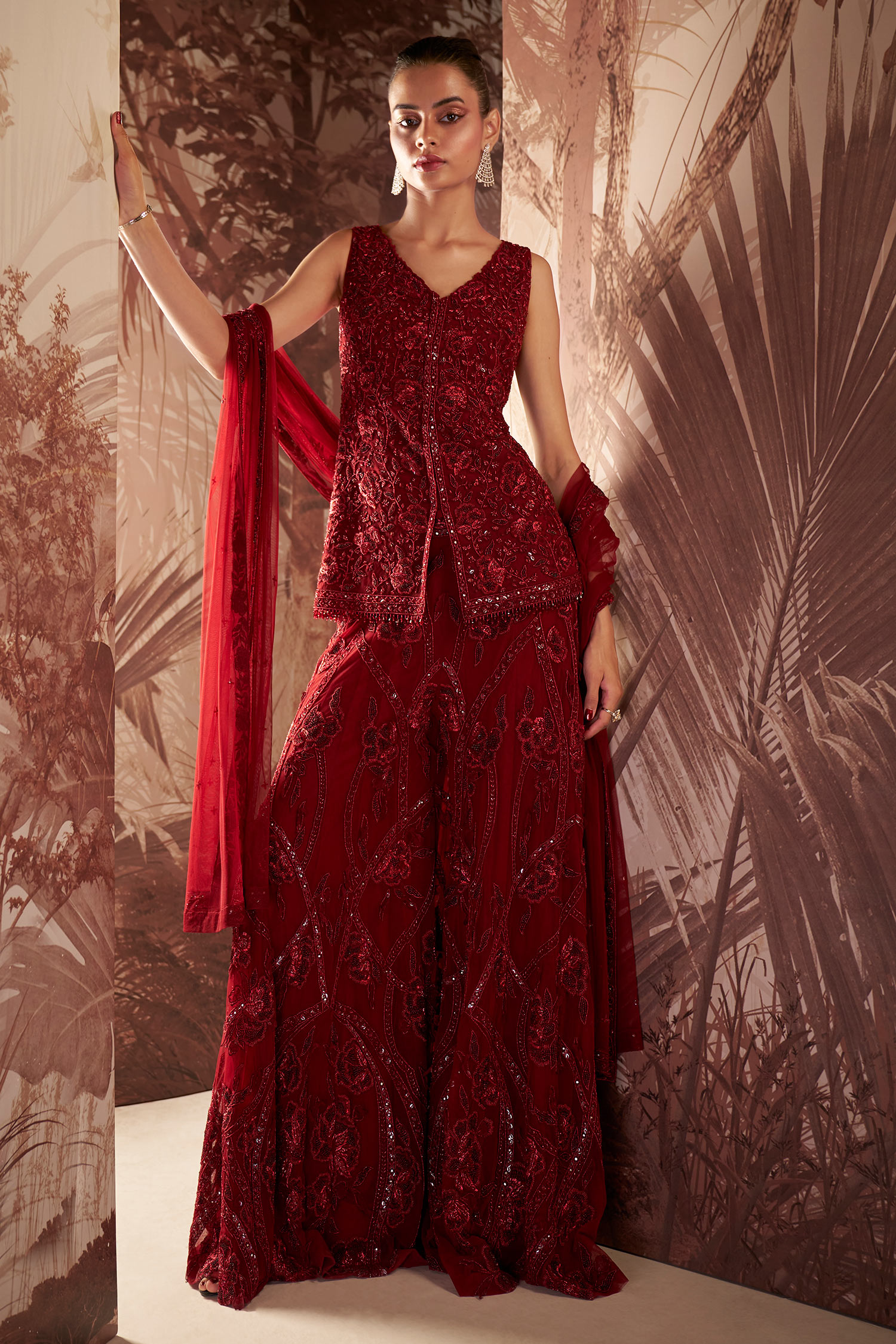 Buy Sana Barreja Red Net Emelia Crystal Embellished Jacket Kurta ...