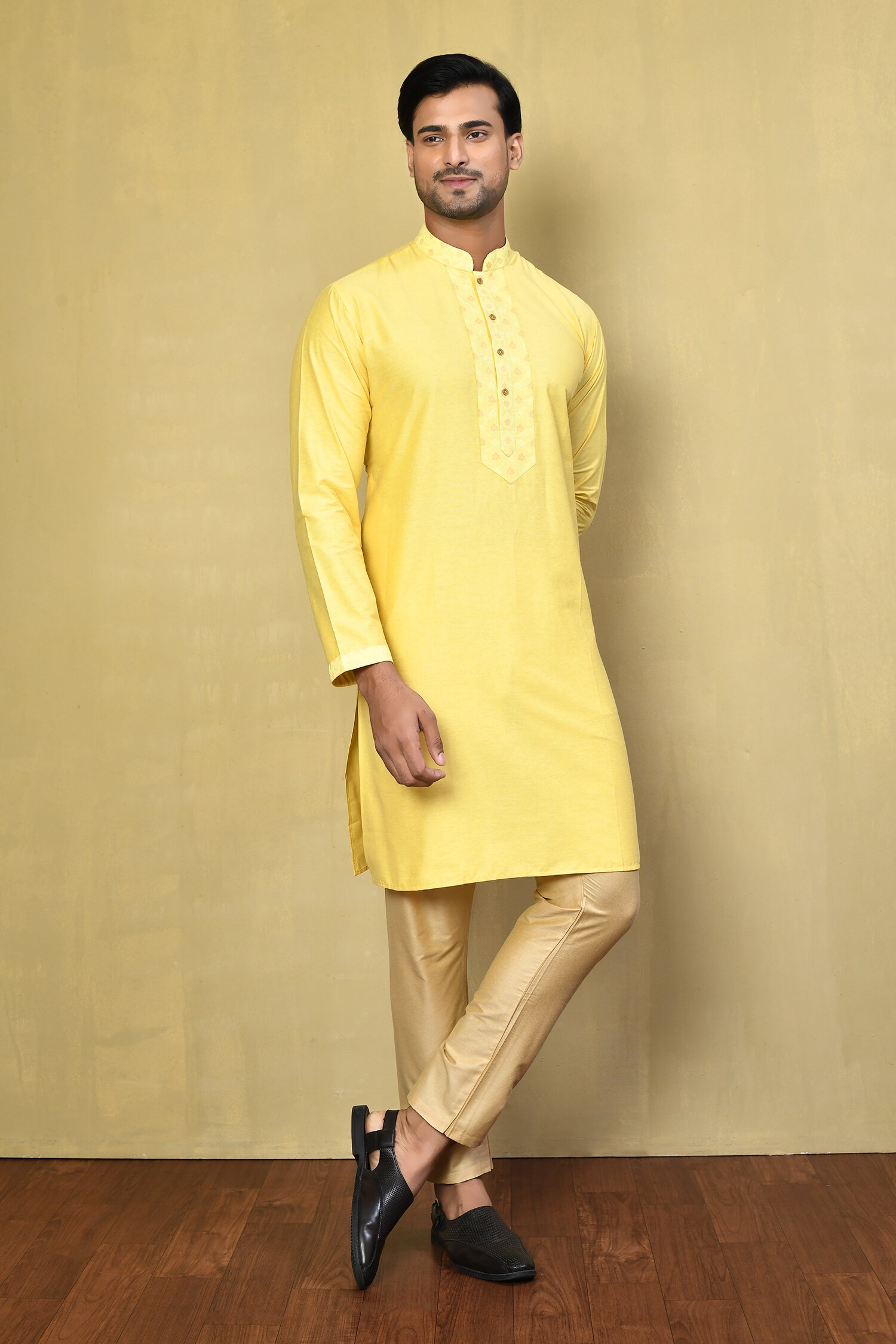 Buy Arihant Rai Sinha Yellow Cotton Flora Brocade Work Placket Kurta ...