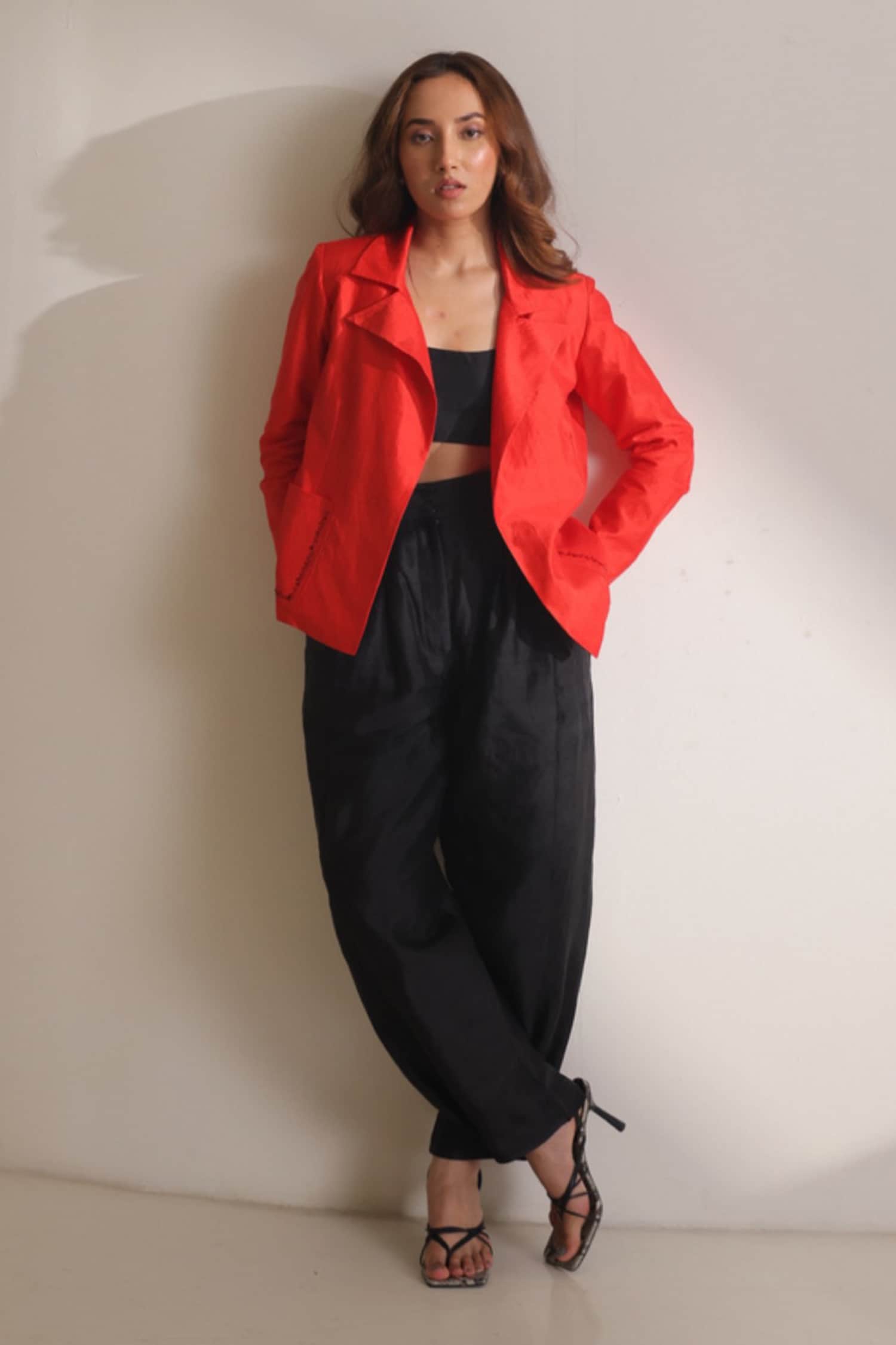 Buy Red Azra Handwoven Mulberry Silk Blazer For Women by Kavya Singh Kundu Online at Aza Fashions.