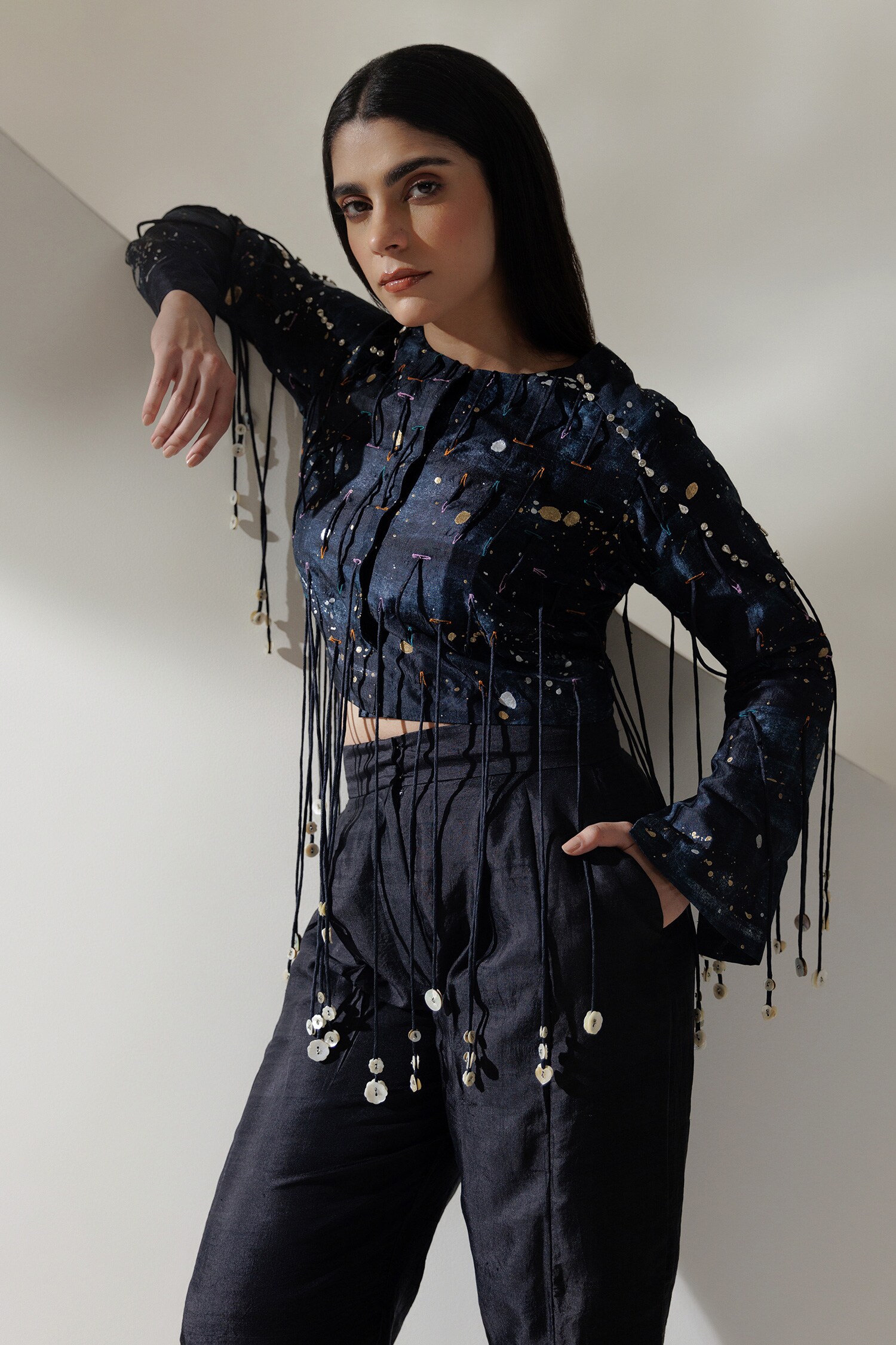 Buy Kavya Singh Kundu Black Aurora Handwoven Mulberry Silk Top Online ...