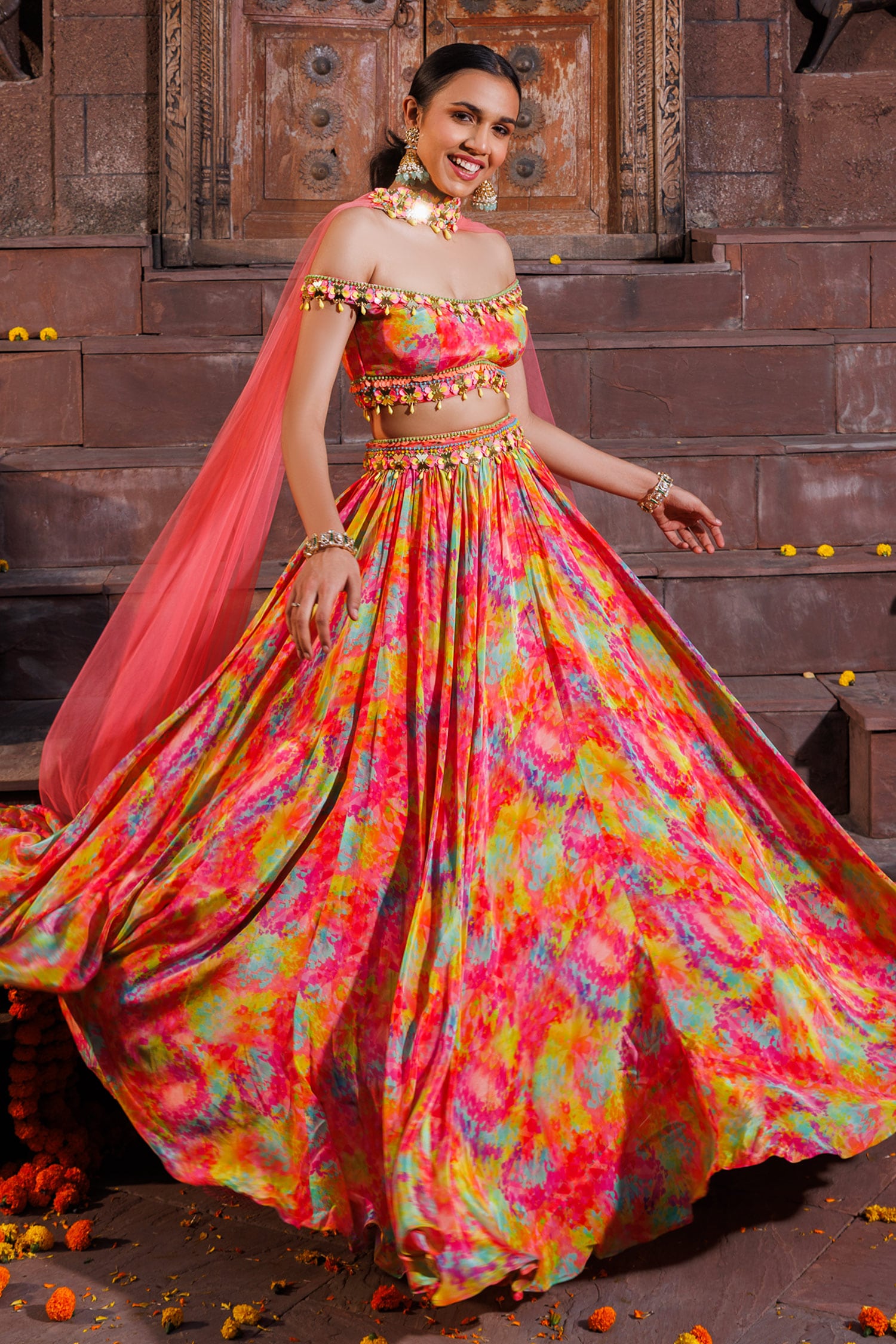 Buy Multi Color Crepe Hand Embroidered Hamera Blouse Printed Lehenga ...