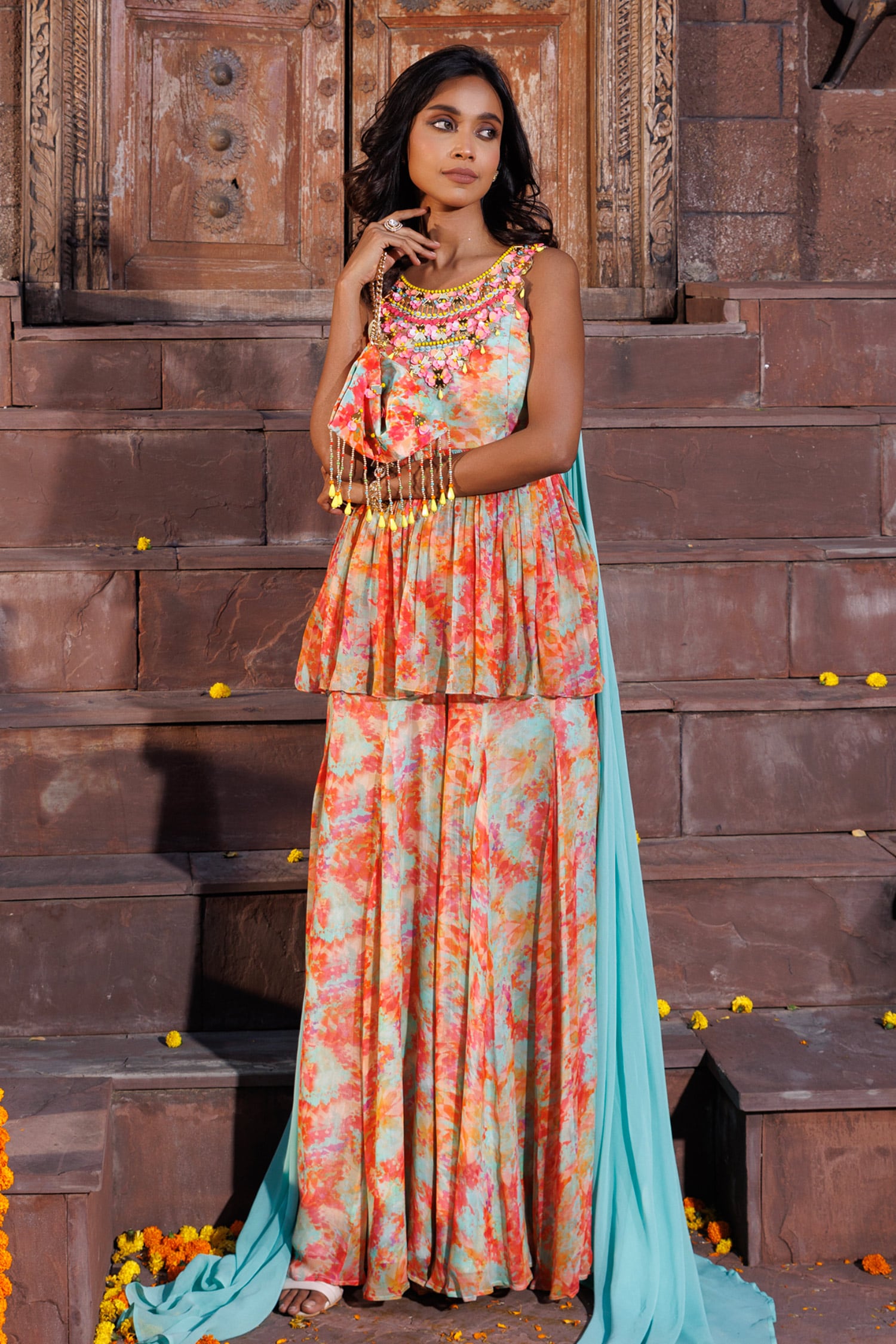 Buy Multi Color Georgette Sada Printed Draped Peplum Top And Sharara ...