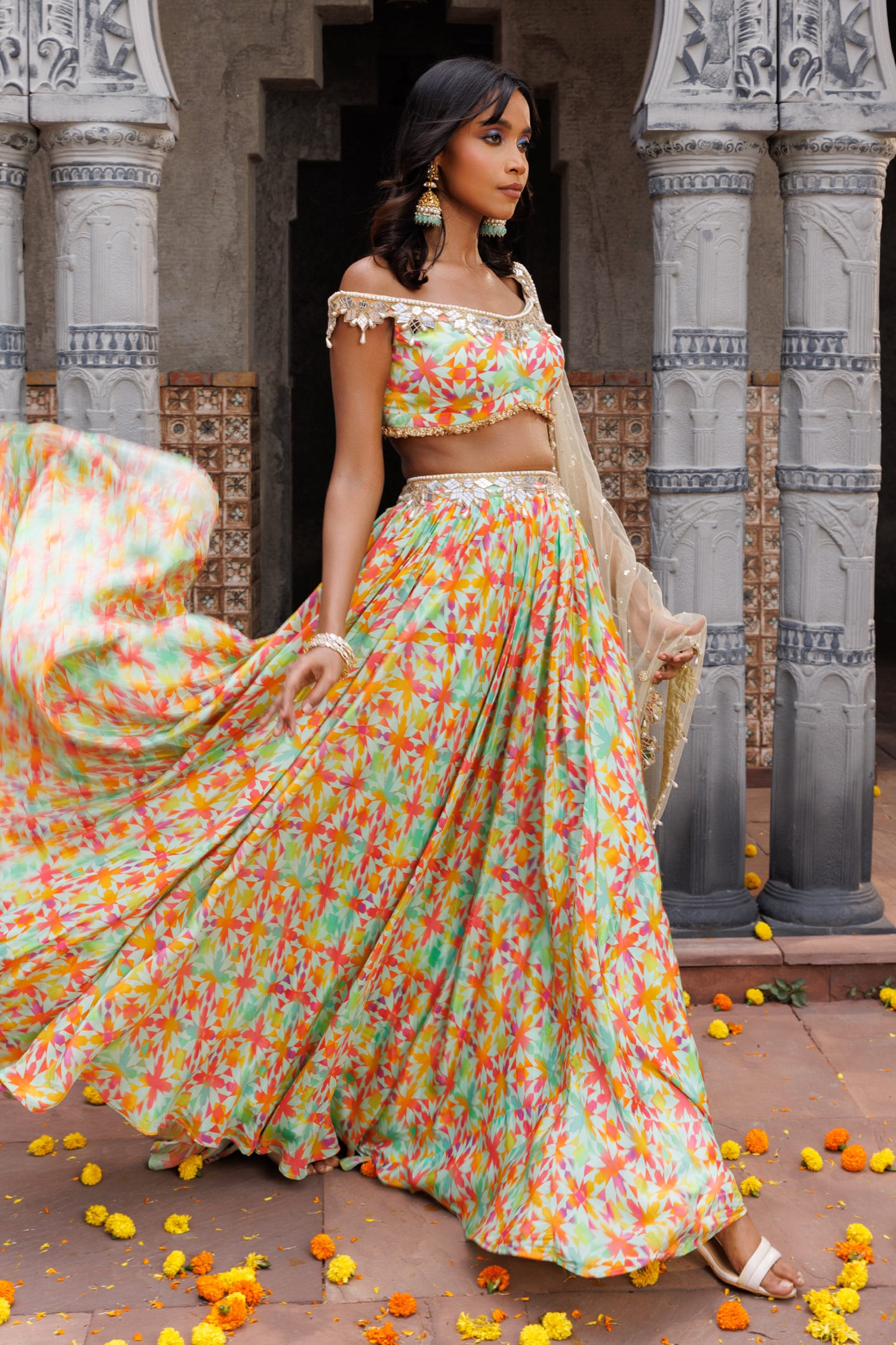 Buy Green Crepe Printed Abstract Broad V Neck Hamera E Lehenga Set For ...