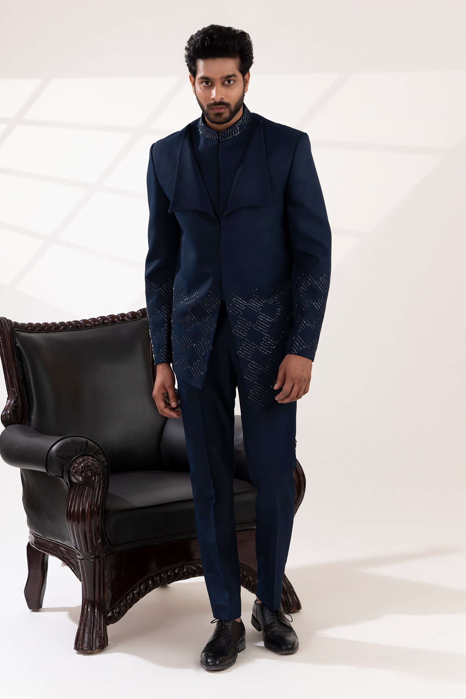 Buy Blue Terry Wool Embroidered Swirl Bandhgala Set For Men by Tira by ...
