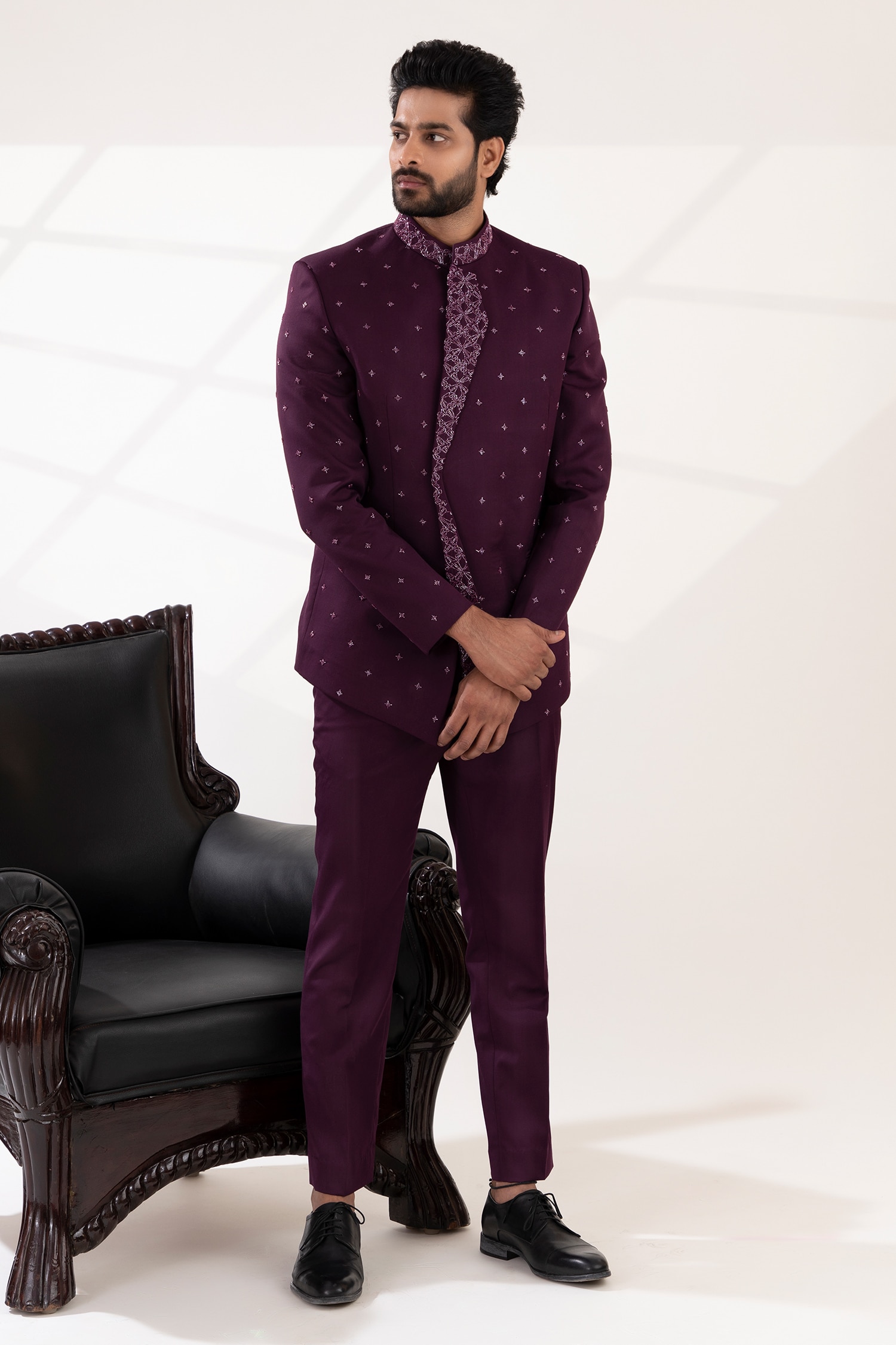 Buy Purple Terry Wool Embroidered Flora Oneside Lapel Bandhgala Set For ...