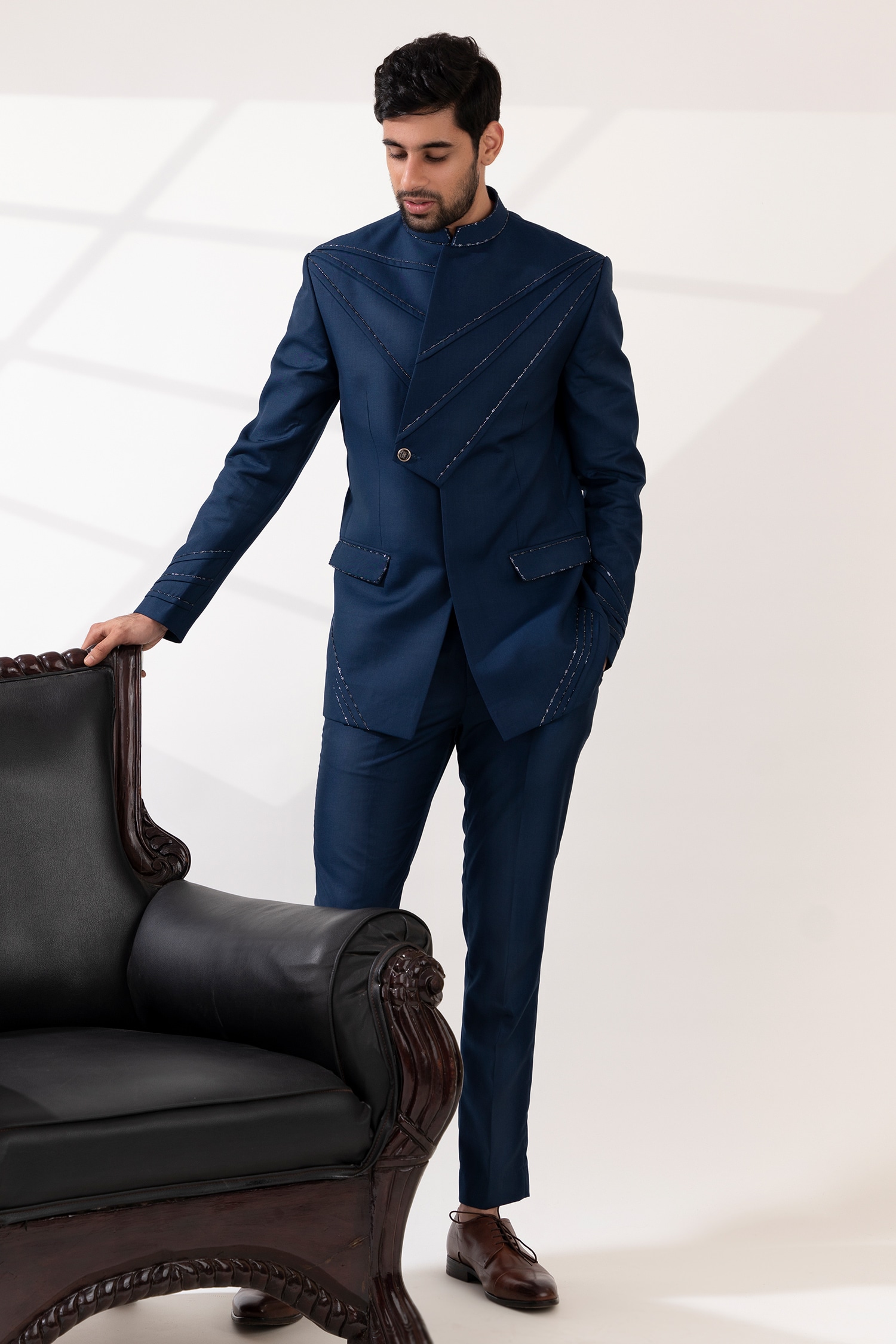 Buy Blue Terriwool Embroidered Sequin Pintucked Bandhgala With Pant For ...