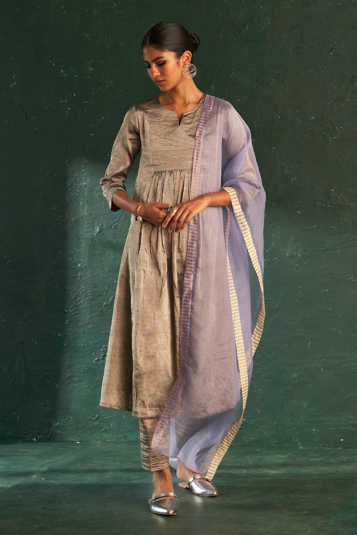 Buy Charkhee Silver Dori Placement Embroidered Kurta Set Online | Aza ...