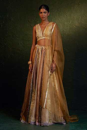 Buy Multi Color Lehenga Silk Tissue Woven Stripe Pattern Panelled Set ...
