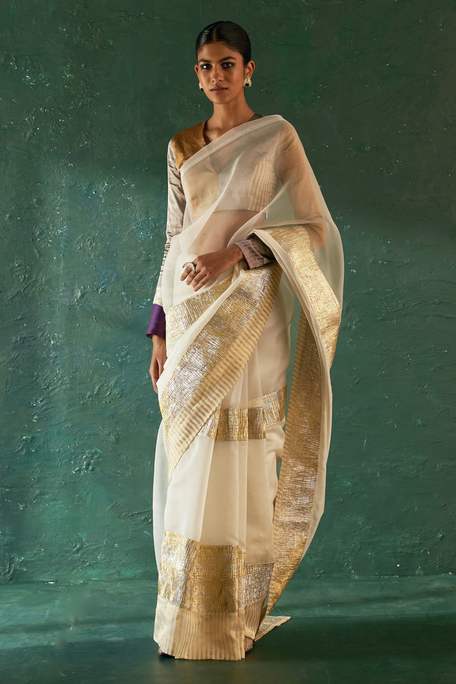 Buy Charkhee Off White Patch Work Saree And Blouse Set Online | Aza ...