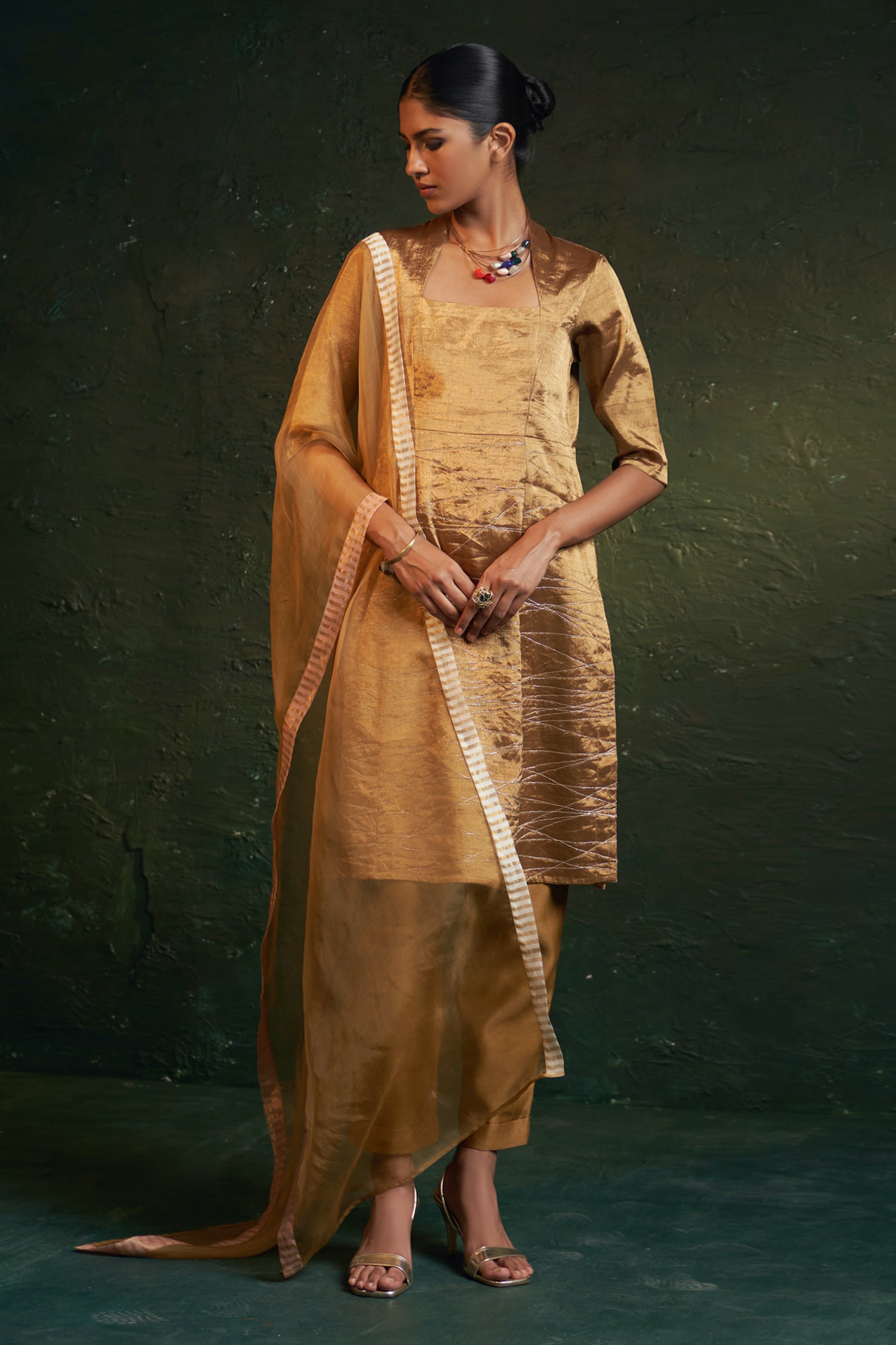Buy Charkhee Gold Dori Embroidered Silk Tissue Kurta Set Online | Aza ...