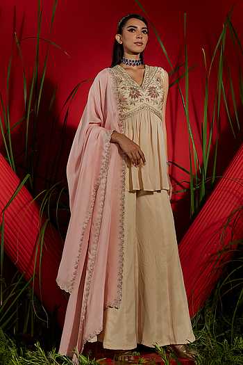 Buy Beige Zari Tissue Embroidered Dabka V Neck Floral Peplum Kurta ...