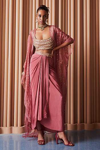 Buy Pink Crepe Embroidered Sequin Scoop Karl Draped Skirt Cape Set For ...