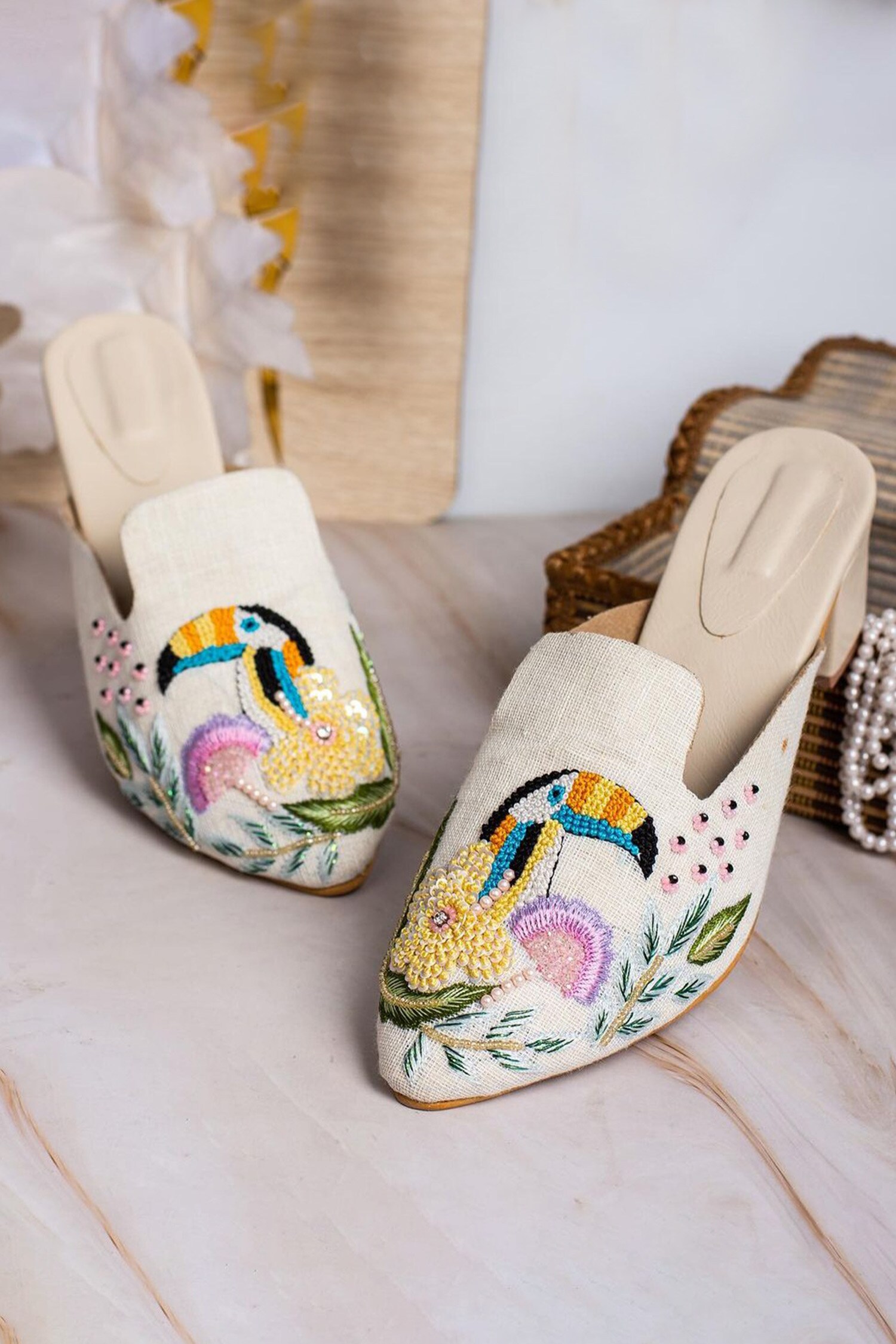 Buy Multi Color Cut Dana Bird Thread Embroidered Mules by Kasually ...