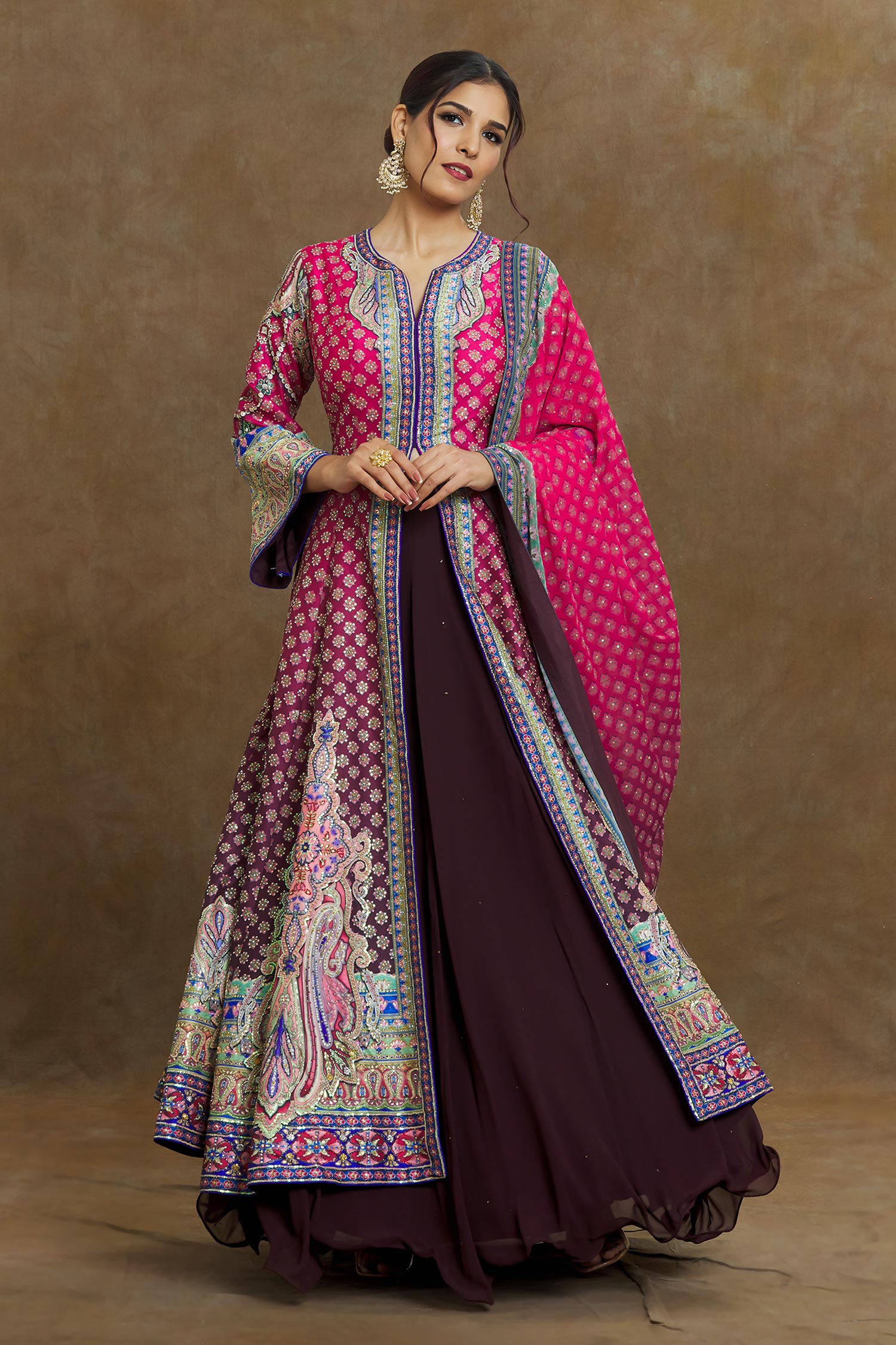 Buy Samyukta Singhania Wine Embroidered Slit Anarkali Skirt Set Online ...