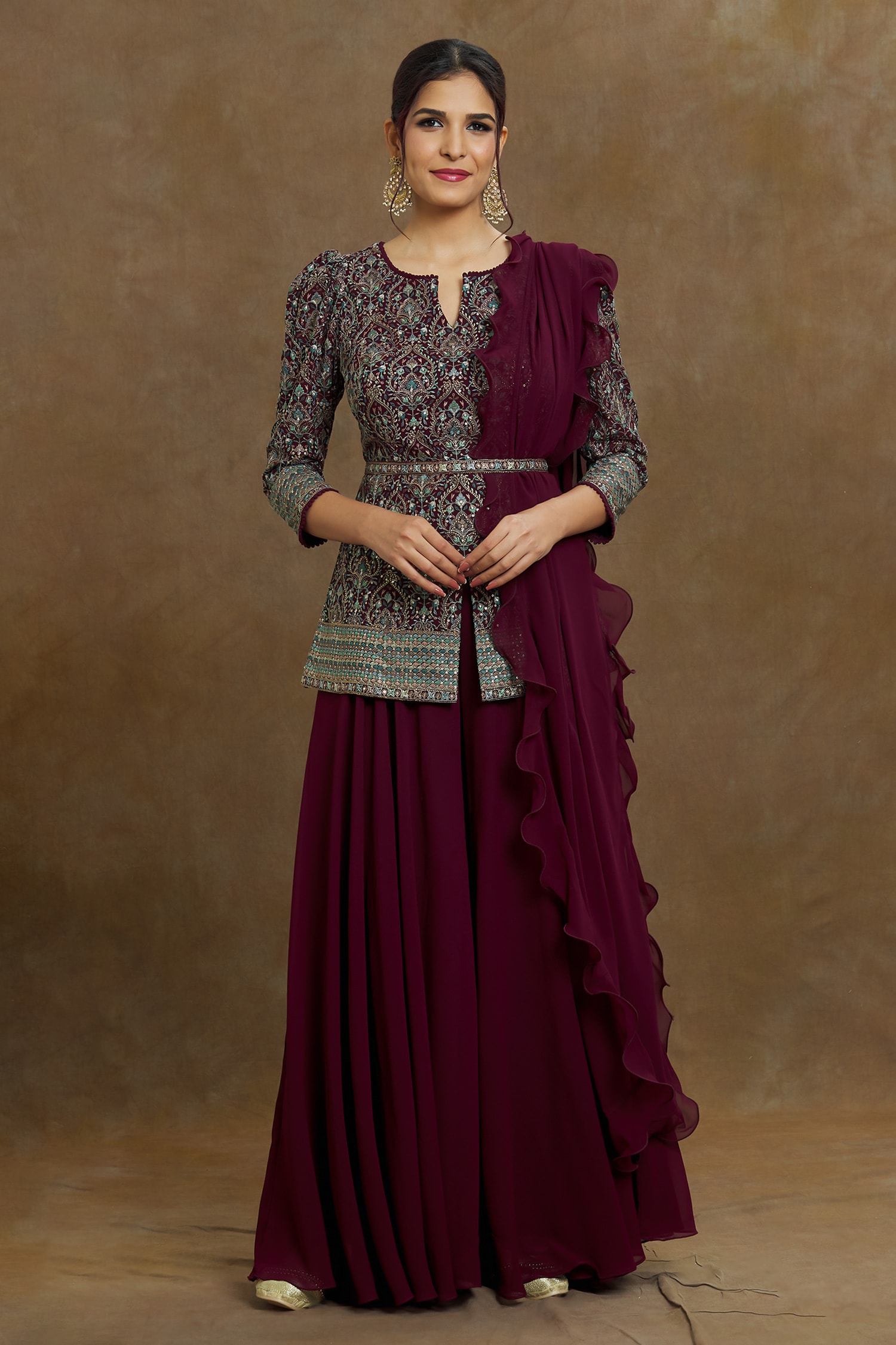 Buy Wine Georgette Embroidered Floral Notched Jaal Top Palazzo Set For ...