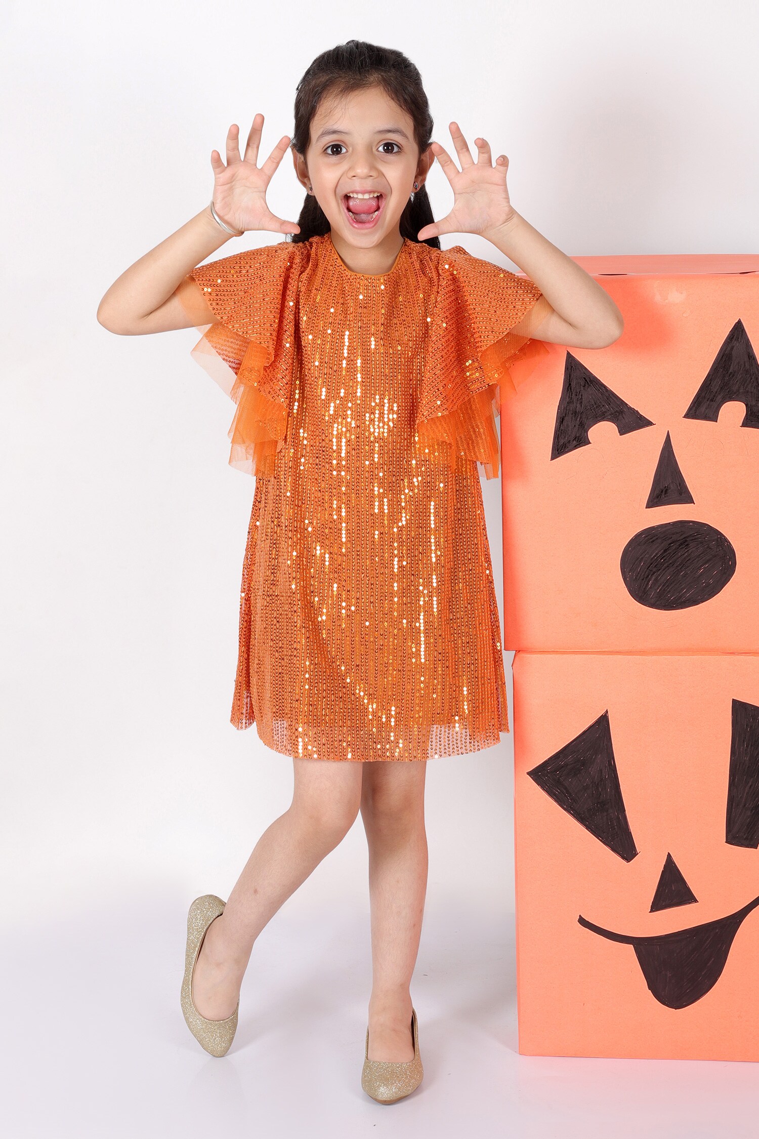 Buy LIL DRAMA Orange Razzle Dazzle Sequin Embroidered Dress For Girls ...