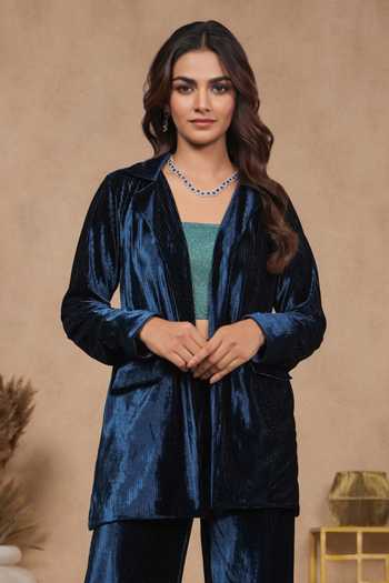 Buy B'Infinite Blue Celestial Velvet Blazer With Bralette Online | Aza ...