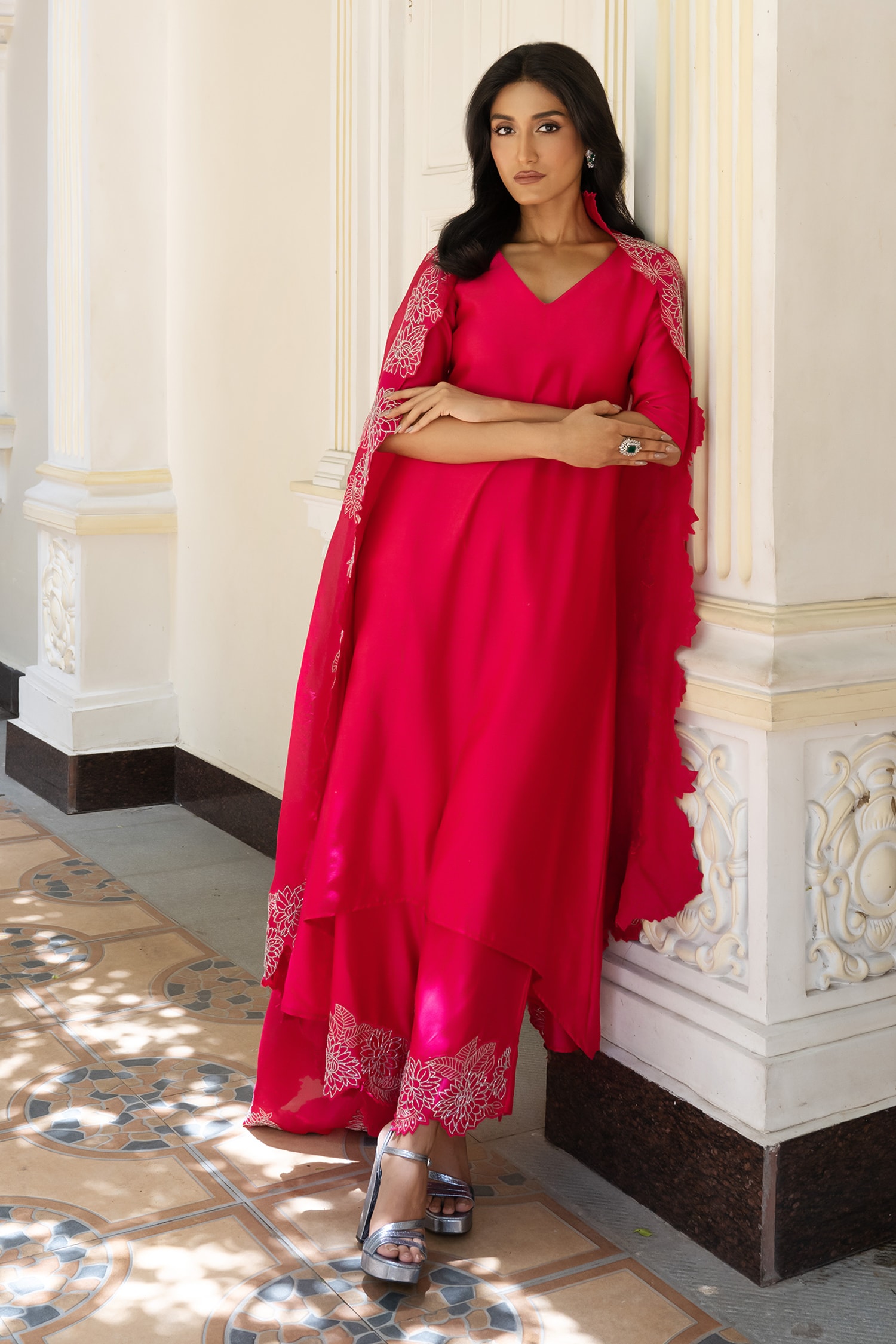 Buy MEHAK SHARMA Pink Silk Chanderi Solid Kurta Set With Embroidered ...