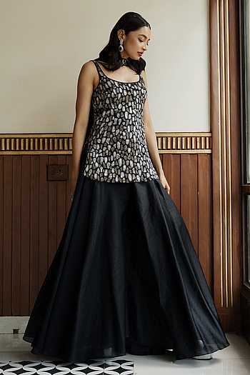 Buy Black Organza Embellished Crystal Round Abstract Cutdana Kurta ...