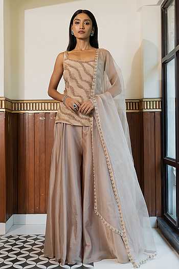 Buy MEHAK SHARMA Beige Organza Ruffle Abstract Embellished Kurta ...