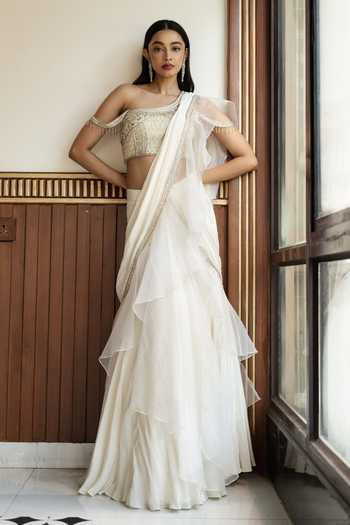 Buy MEHAK SHARMA Ivory Crepe Silk Embroidered Ruffle Border Pre Draped ...
