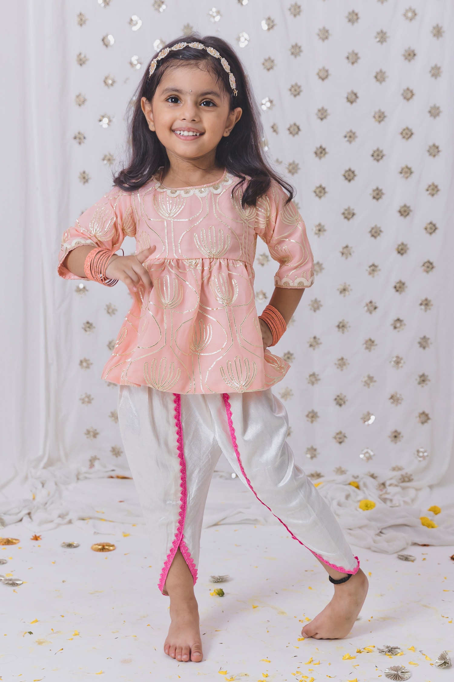 Buy Peach Georgette Lace Bloom Embellished Peplum Kurta With Tulip Pant ...