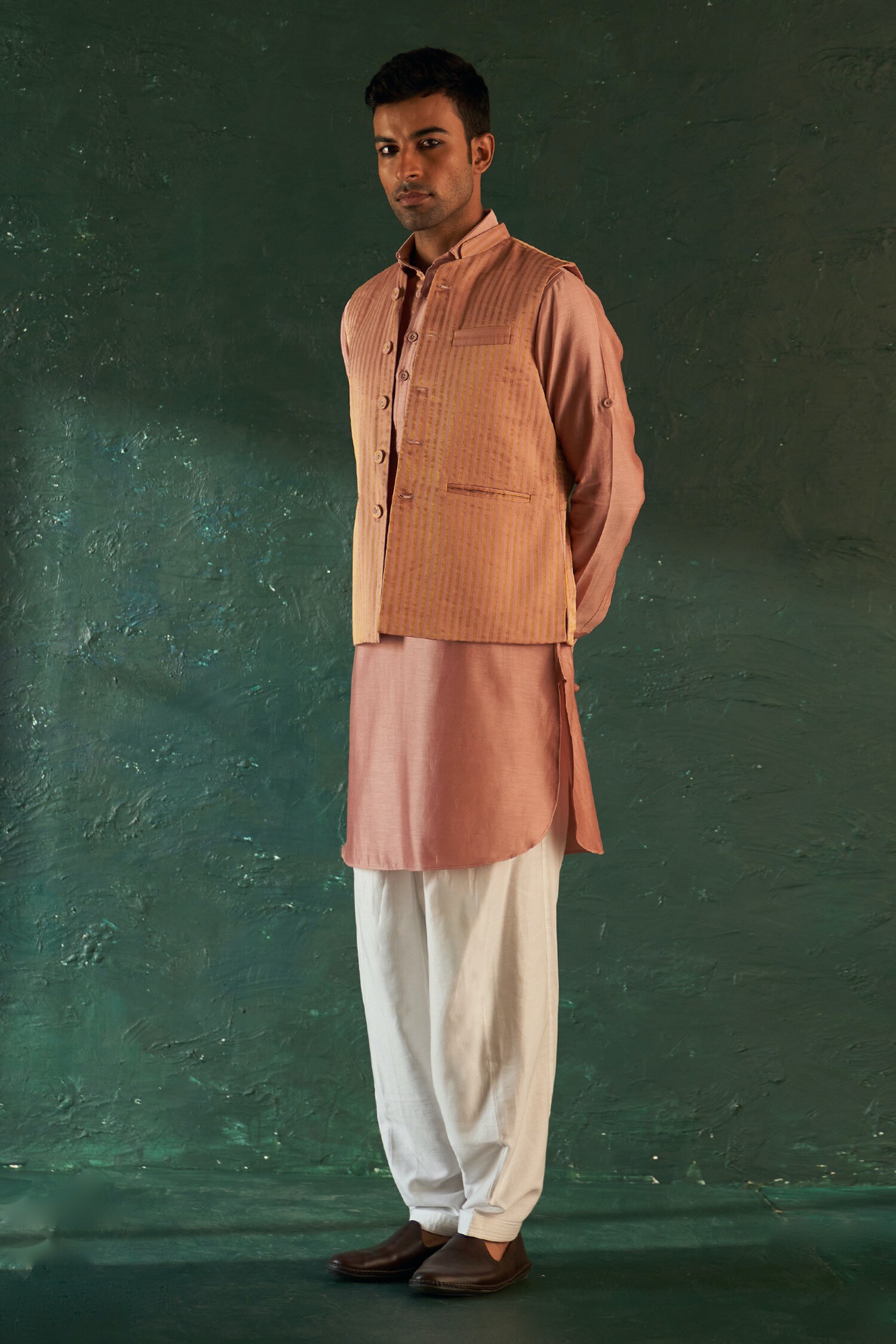 Buy Charkhee Pink Stripe Pattern Bundi Kurta Set Online | Aza Fashions