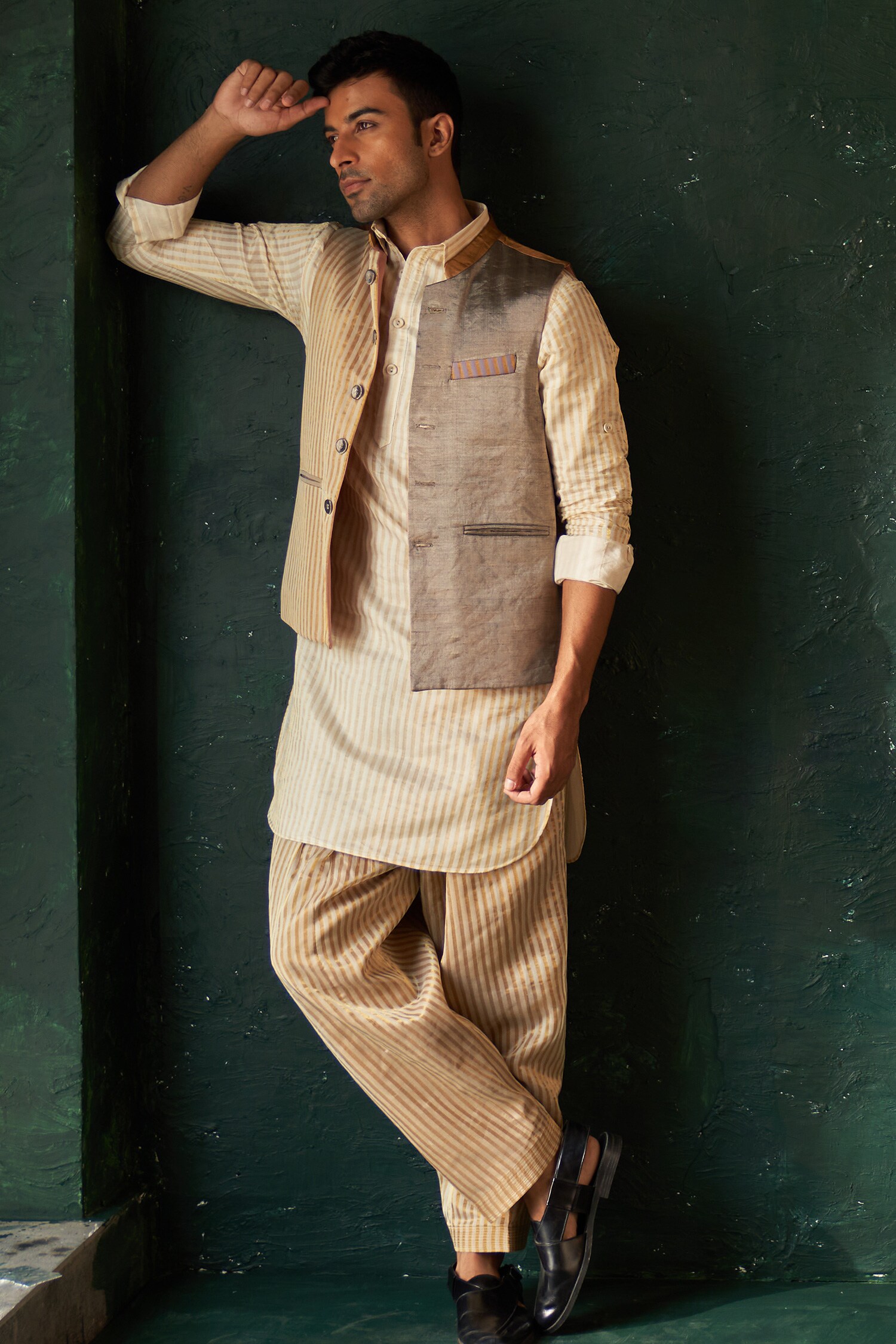 Buy Charkhee Multi Color Silk Tissue Stripe Pattern Half And Half Bundi ...