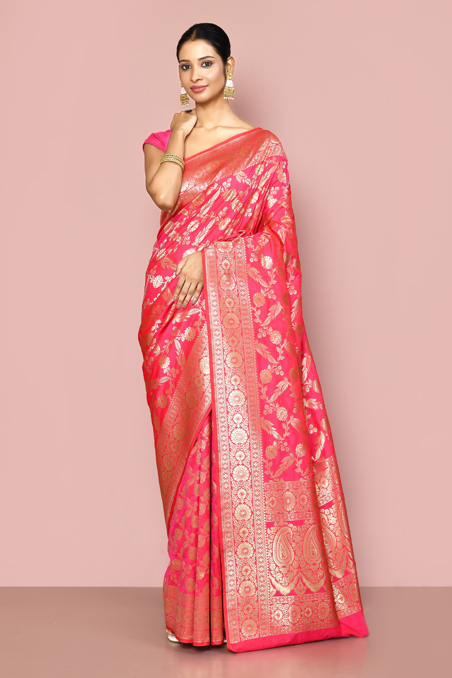 Buy Pink Saree Banarasi Silk Woven Floral Motif With Running Blouse For