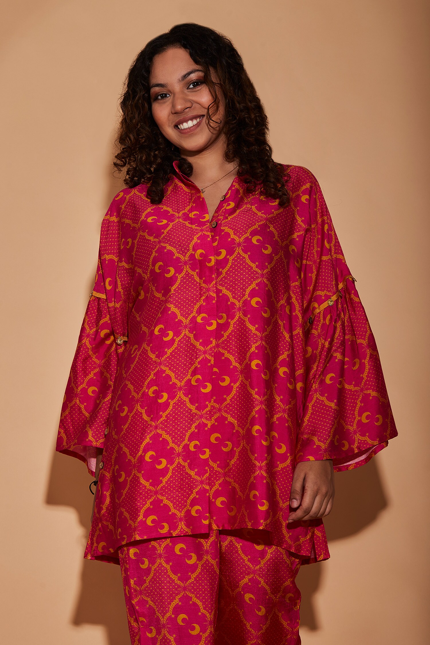 Buy Pink Flax Cotton Floral Mandarin Zarine Jaal Top For Women by Bo ...