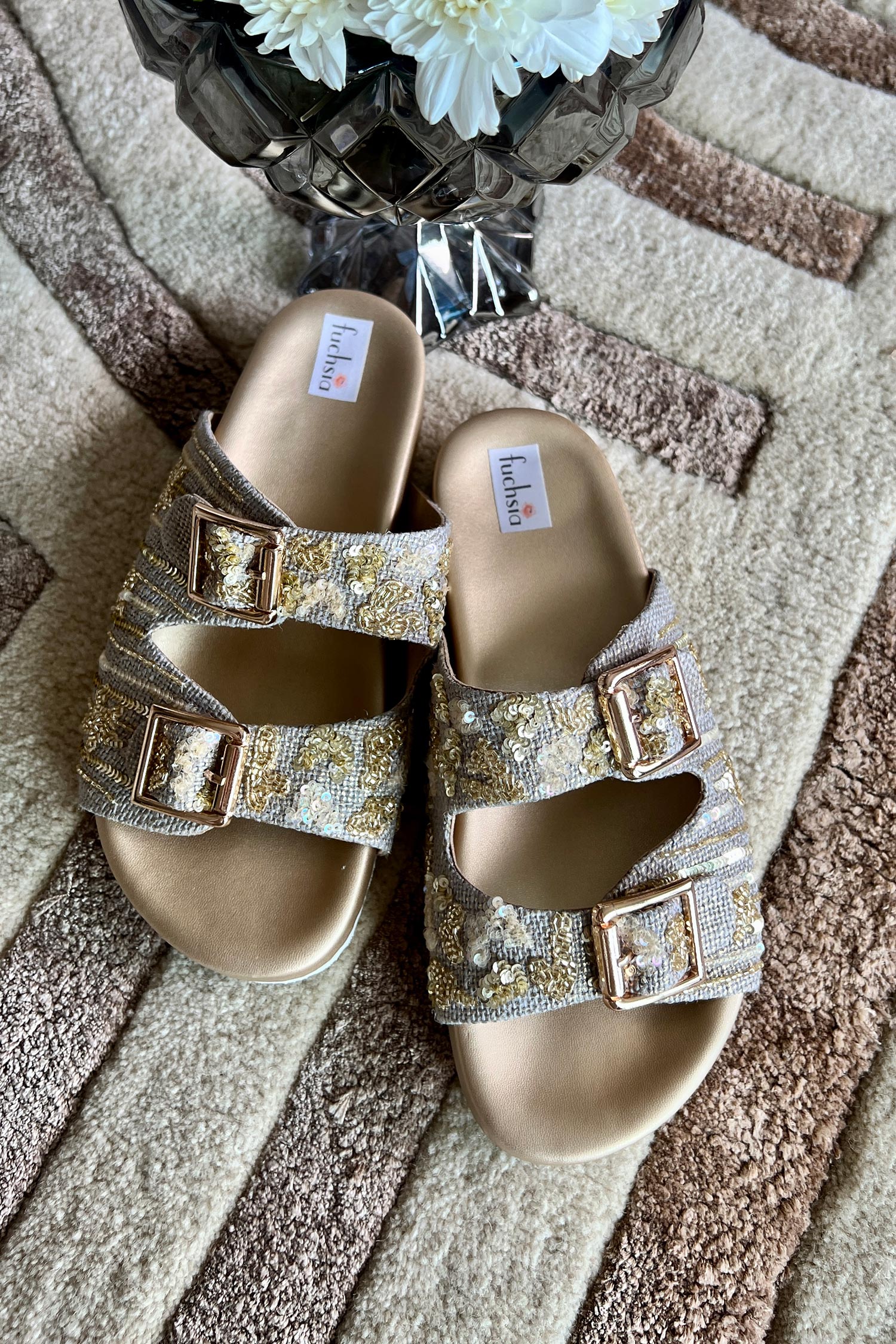 Buy Fuchsia Gold Jute Galaxy Embellished Sliders Online | Aza Fashions