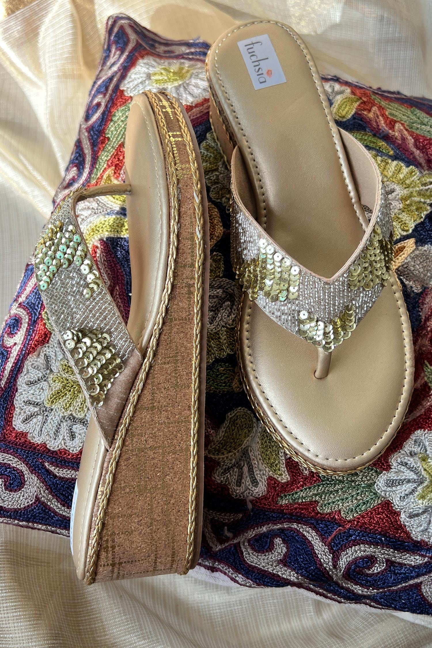 Buy Fuchsia Vegan Polyurethane Golden Dazzle Embellished Wedges Online ...